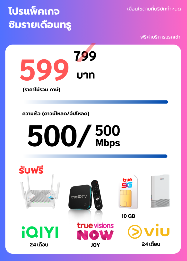 ติดเน็ตบ้านทรูราคา ฿499 True Online ติดตั้งฟรีไม่คิดเพิ่ม ของแถมเพียบ